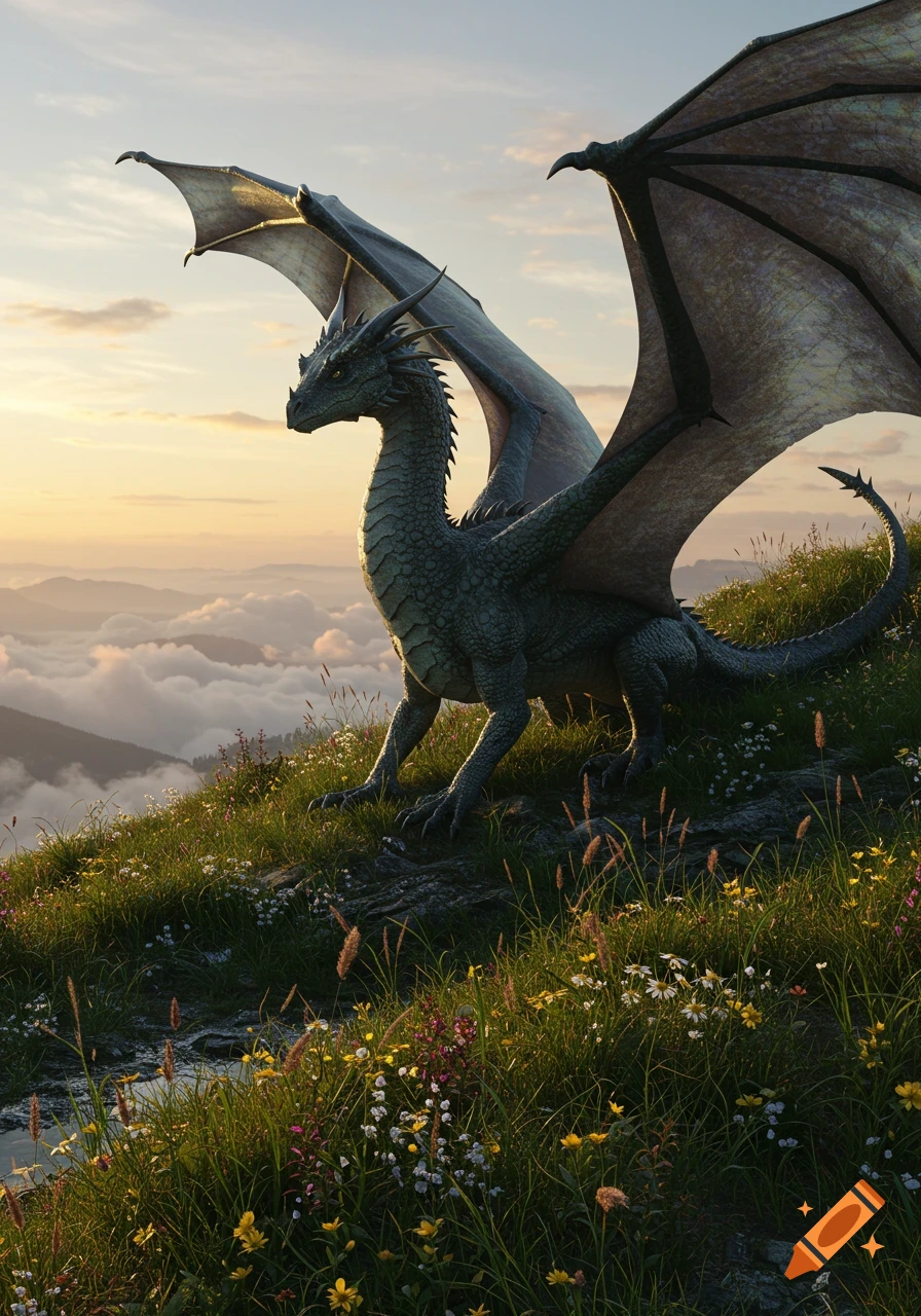 A majestic, photorealistic dragon with outstretched wings stands on a ...
