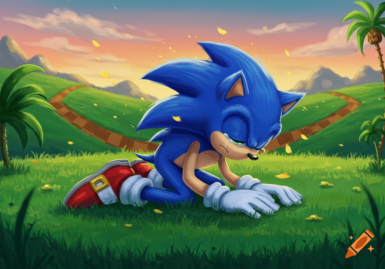 Sonic the Hedgehog kneels sadly, crying in a grassy Green Hill Zone ...