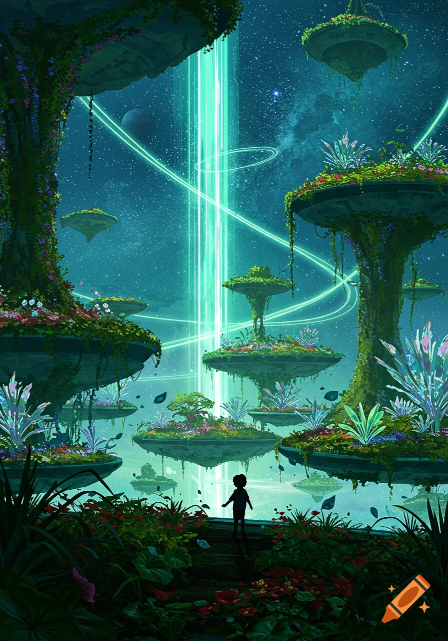 A vast futuristic tree city at night, with illuminated houses built ...