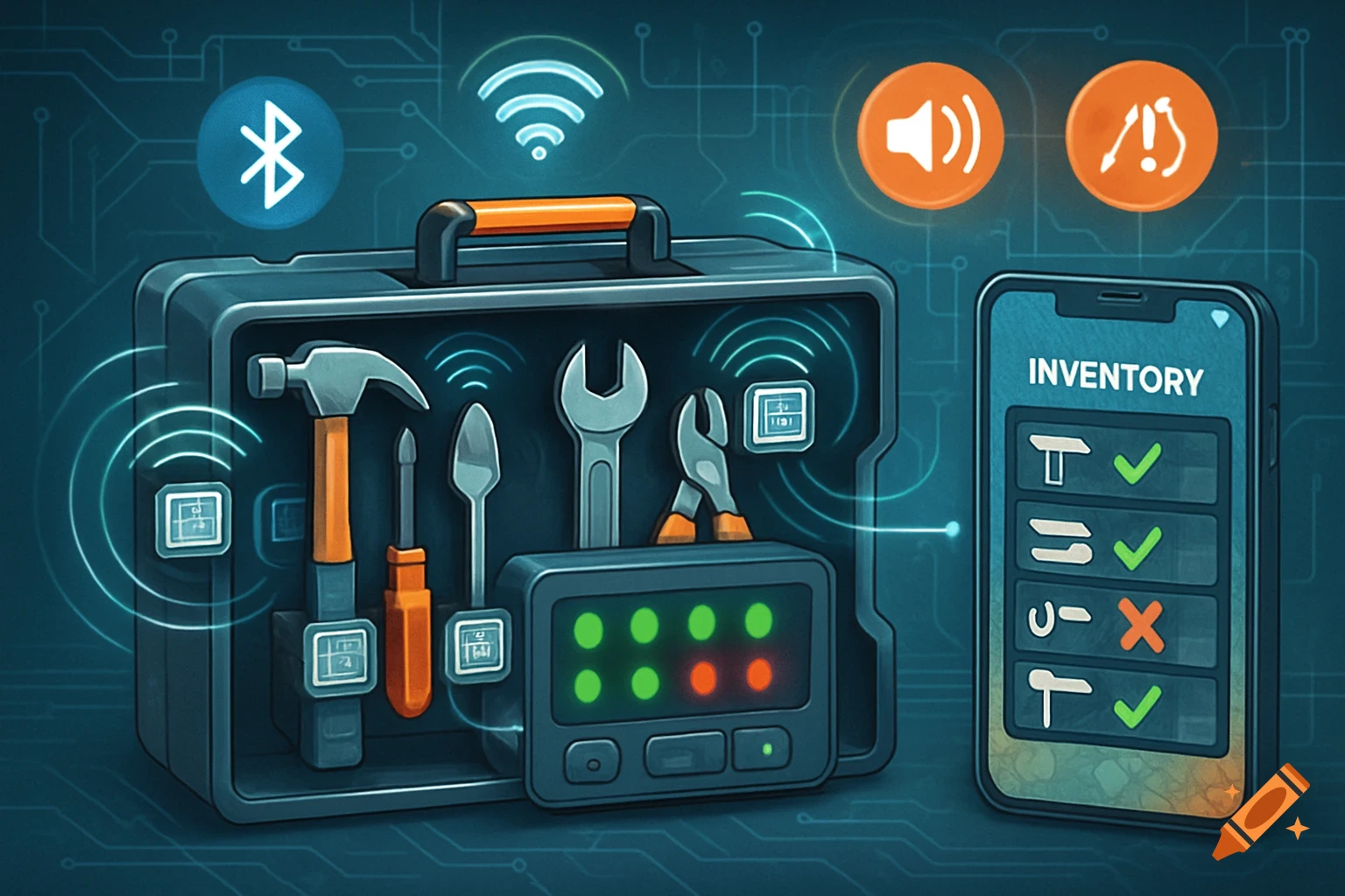 An illustration of a smart toolbox system with various tools, a digital ...
