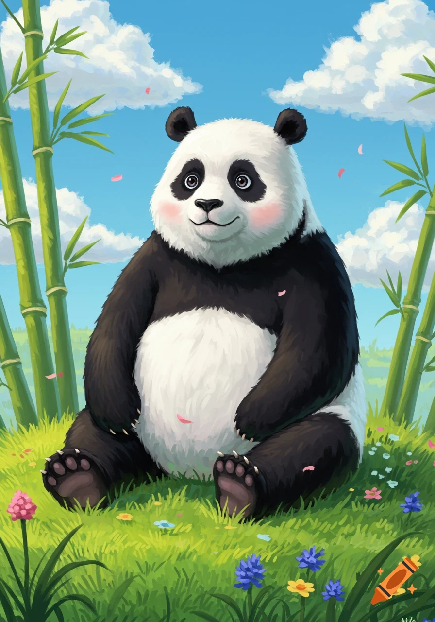 A cute panda sitting on a wooden table, rendered in an impressionist ...