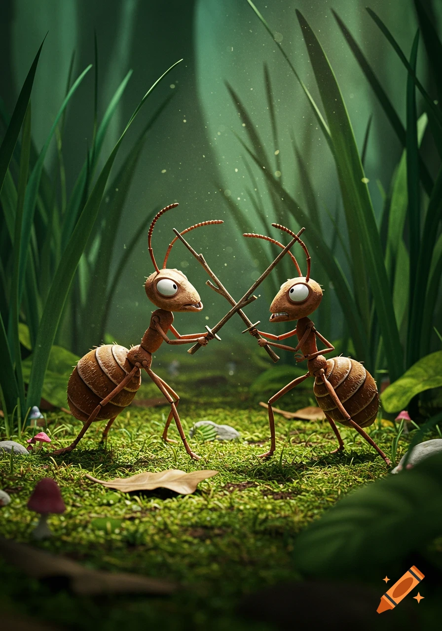 Two wide-eyed cartoon ants battle with twig swords on a lush green ...