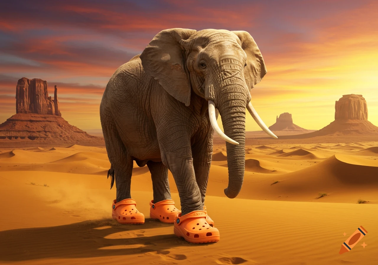 A photorealistic elephant wearing orange Crocs walks across a sandy ...