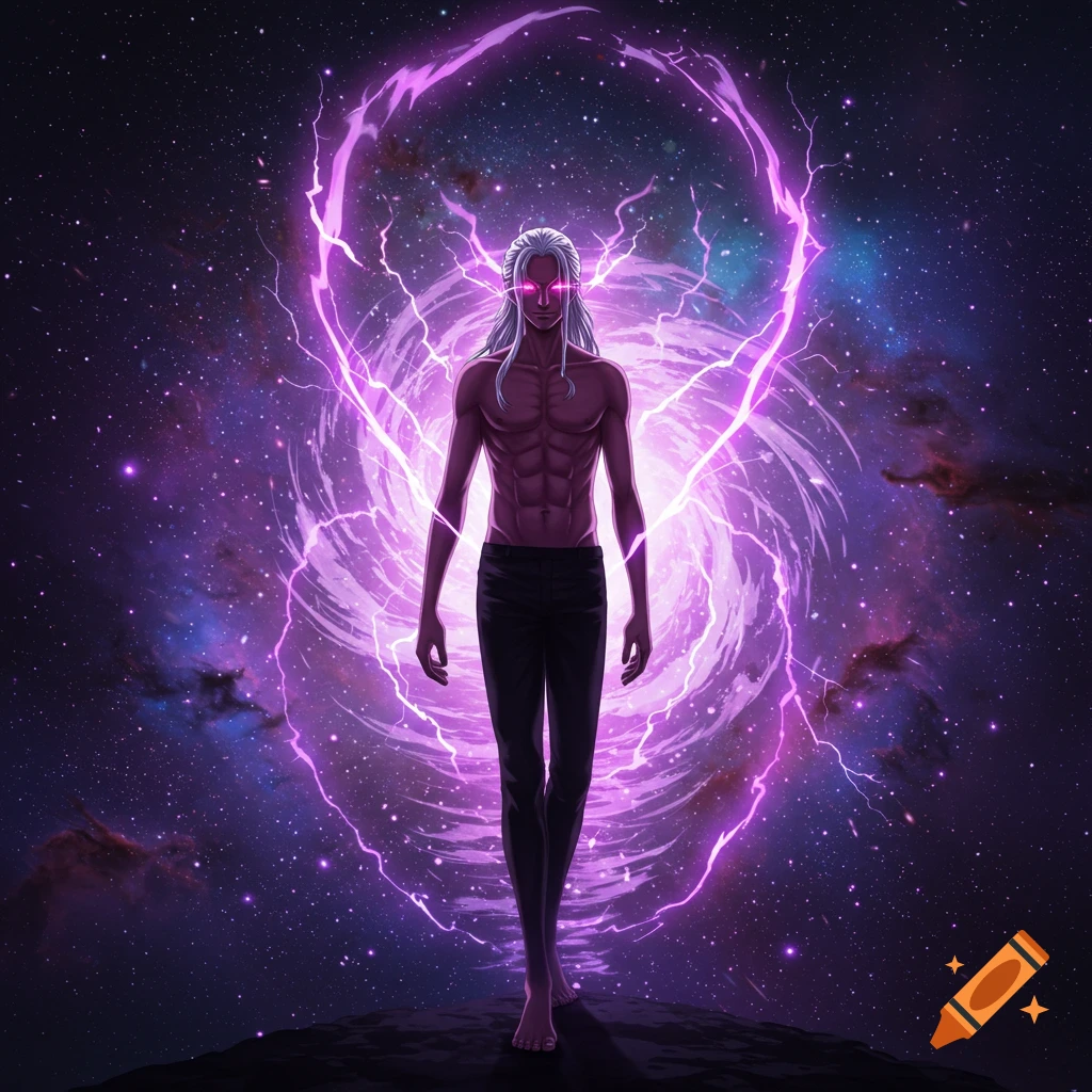 A tall, lean anime man with silver hair and glowing red eyes stands ...