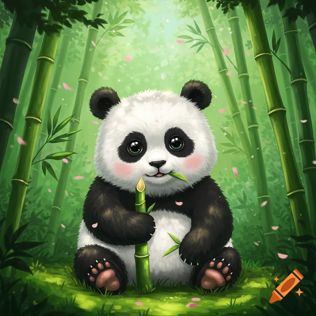 A cute, fluffy cartoon baby panda sits in a vibrant bamboo forest ...
