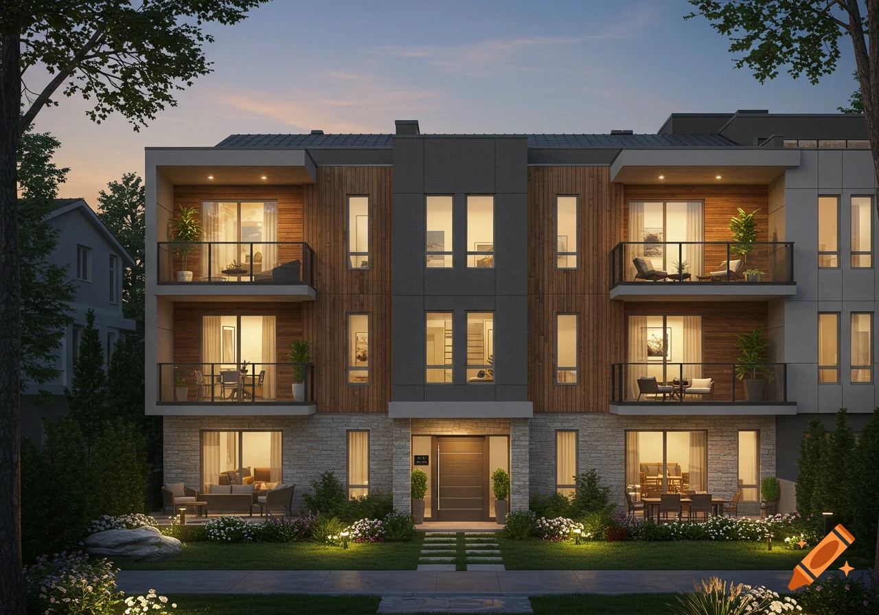 Photorealistic image of a modern three-story apartment building with ...