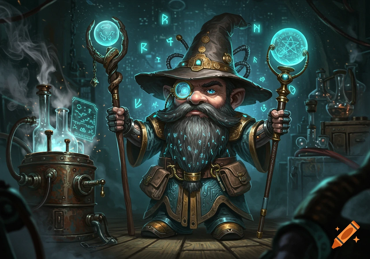 Detailed illustration of a steampunk gnome wizard with a robotic ...