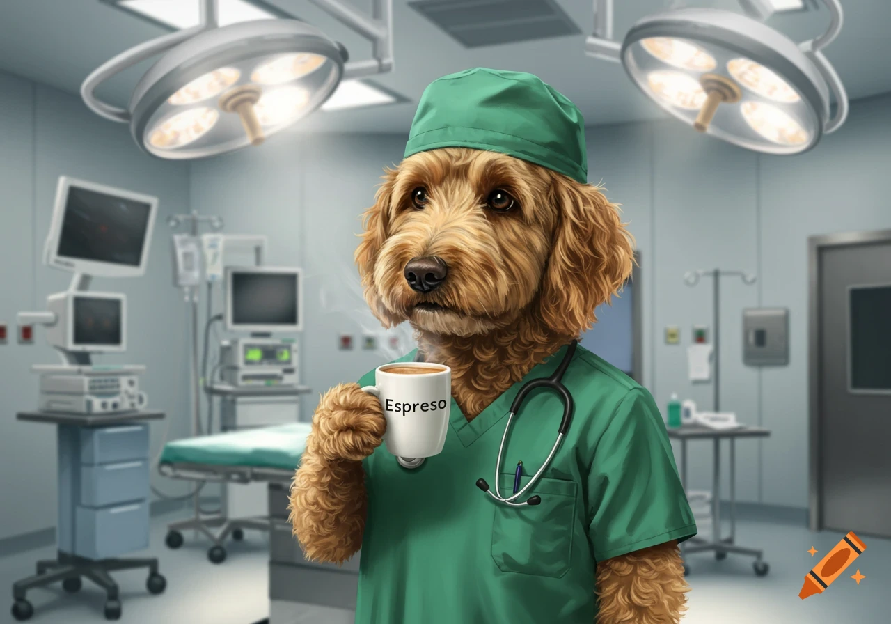 A blue and white furry cartoon dog, wearing a white lab coat, holds a ...