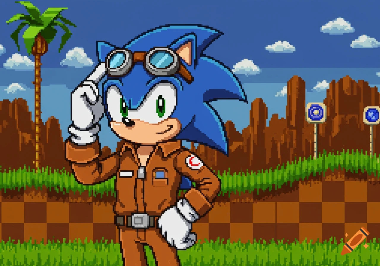 Pixel art Sonic the Hedgehog in a brown mechanic's jacket and goggles ...