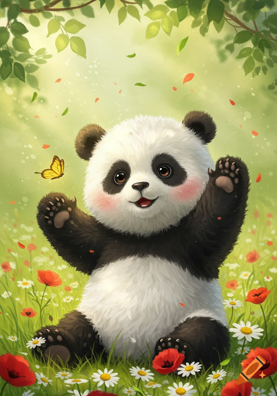 A cute panda sitting on a wooden table, rendered in an impressionist ...