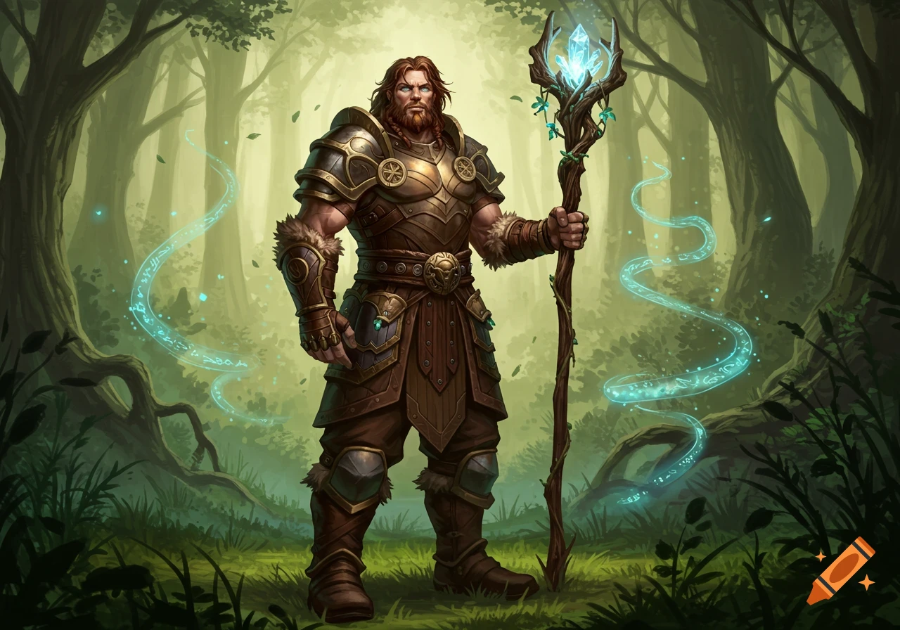 A detailed, armored warrior with a glowing sword stands in a mystical ...