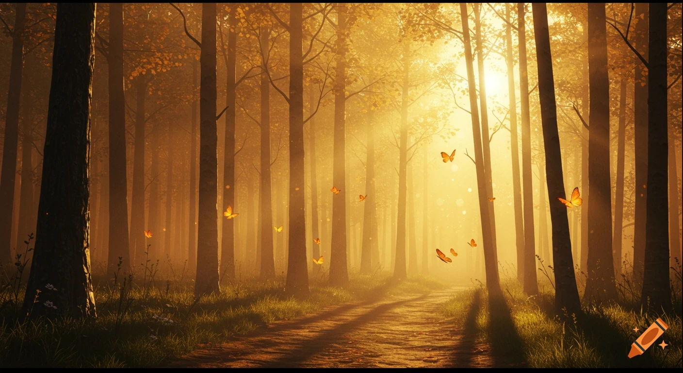 A dense, misty evergreen forest with a winding path and soft sunlight ...