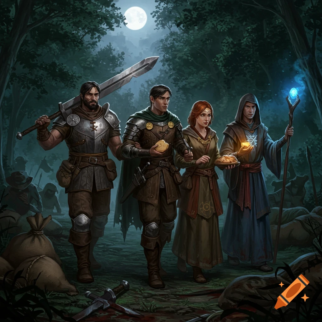 Four adventurers, including a warrior with a greatsword, a rogue, a ...