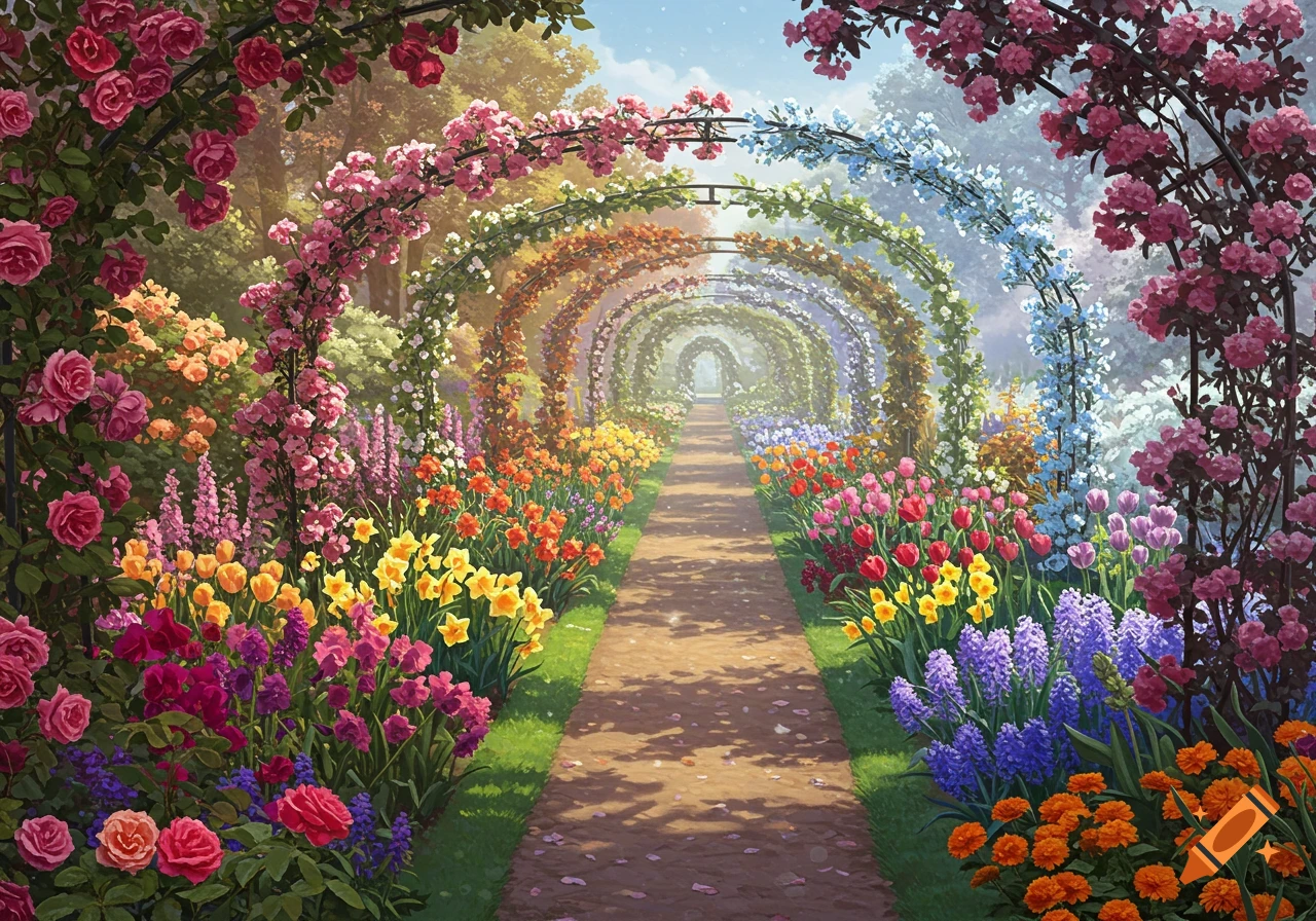 Vibrant flower garden with a winding path through colorful flowerbeds ...