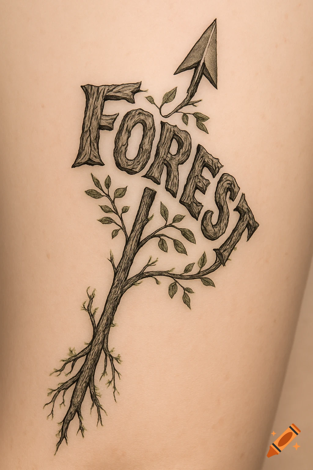 A stylized tattoo design of the word "FOREST" made of wood texture and ...