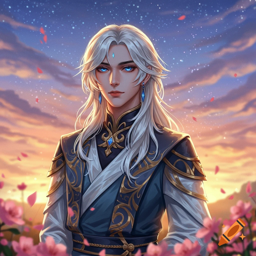 Gothic male vampire knight character with white hair on Craiyon