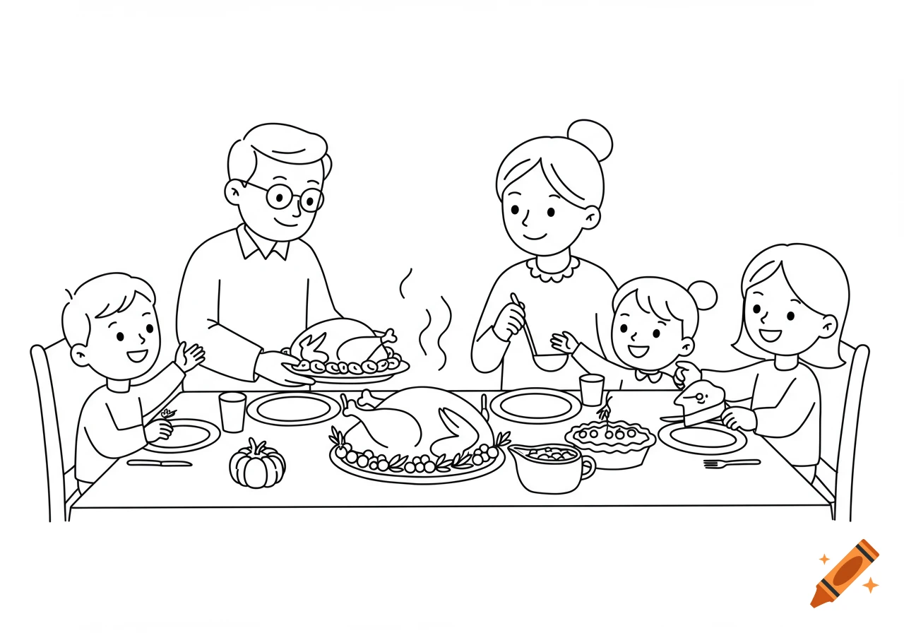 Outline drawing: Hands serving a steaming pot of food at a table set ...