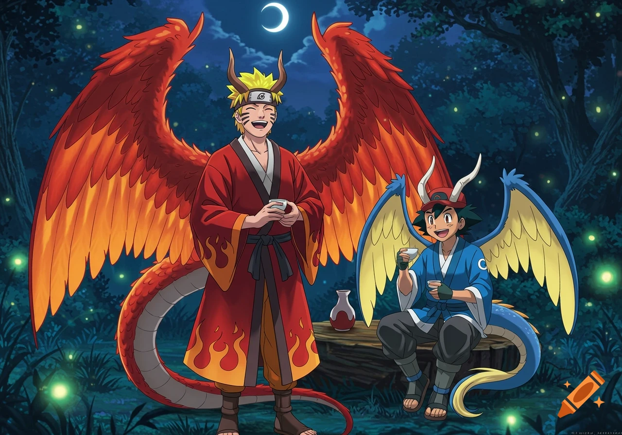 Anime illustration of Naruto and Ash Ketchum with dragon wings, tails ...