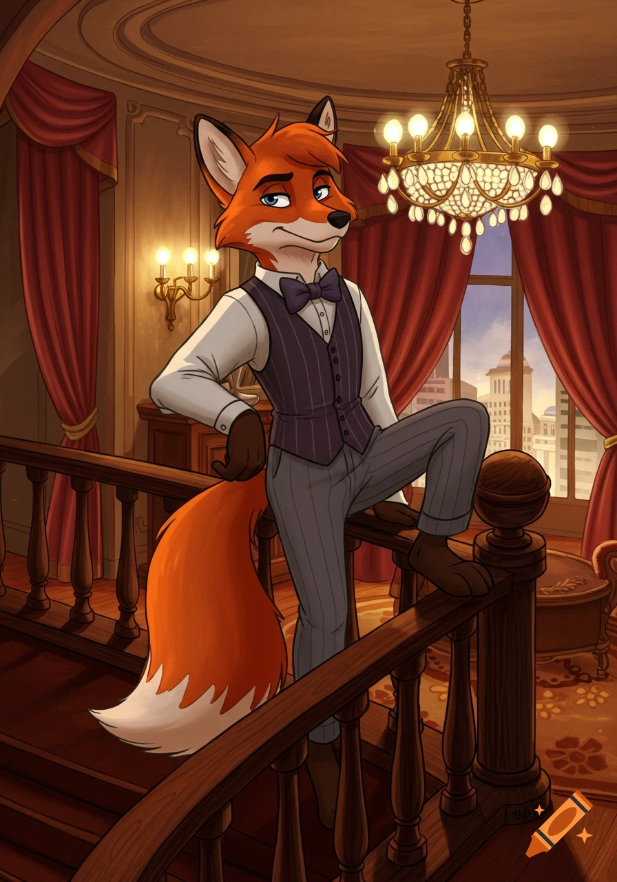 A dapper anthropomorphic fox in a pinstriped suit leans on a grand ...