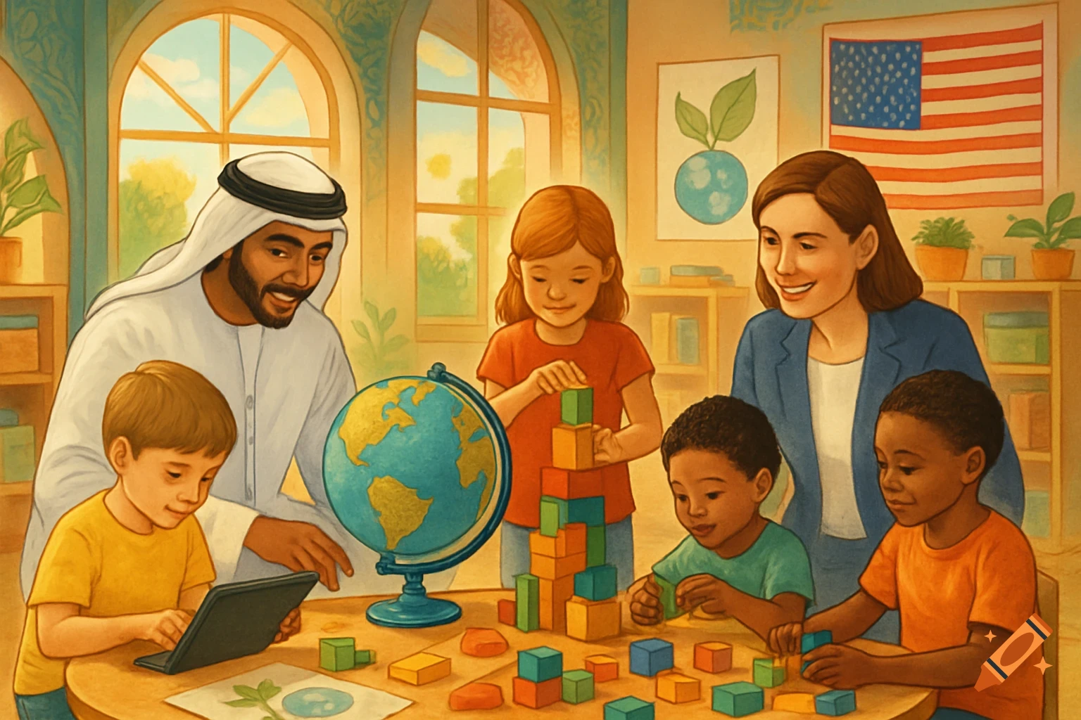 Illustrative image of a diverse group of children and adults learning ...