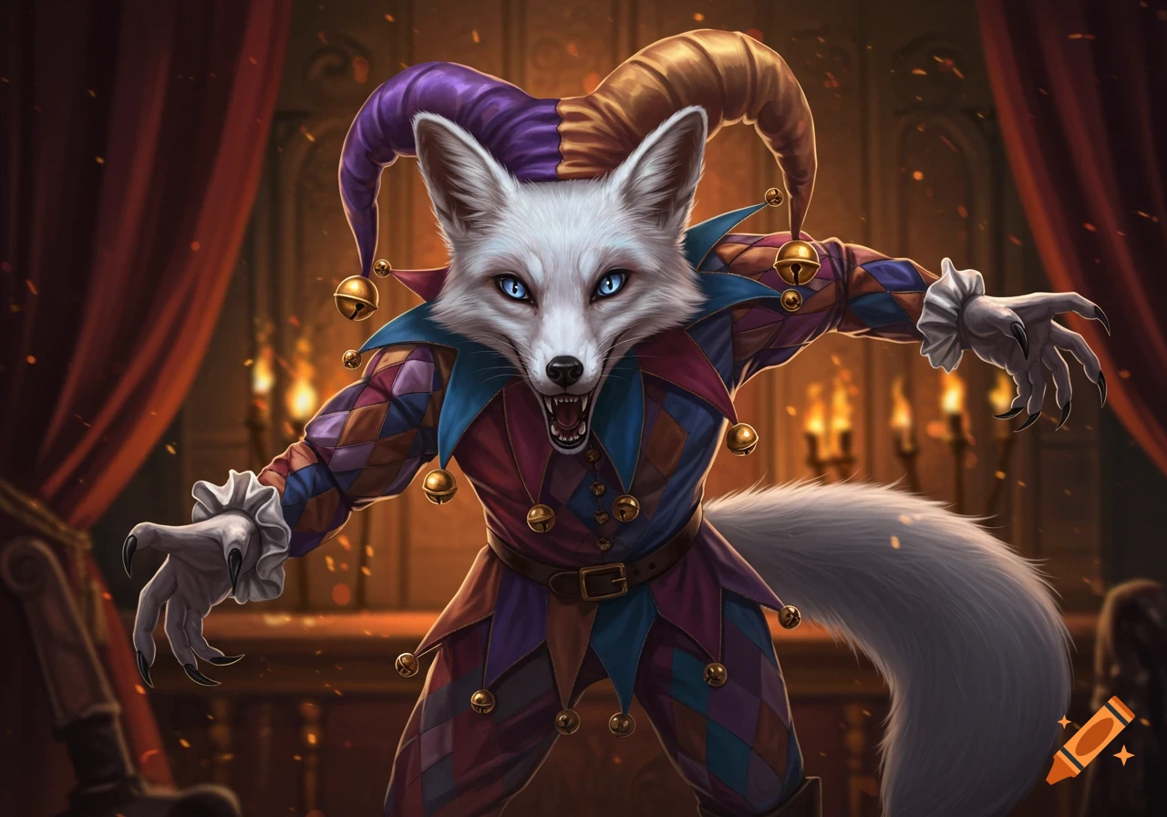 Vicious anthropomorphic white fox jester with blue eyes and sharp claws ...