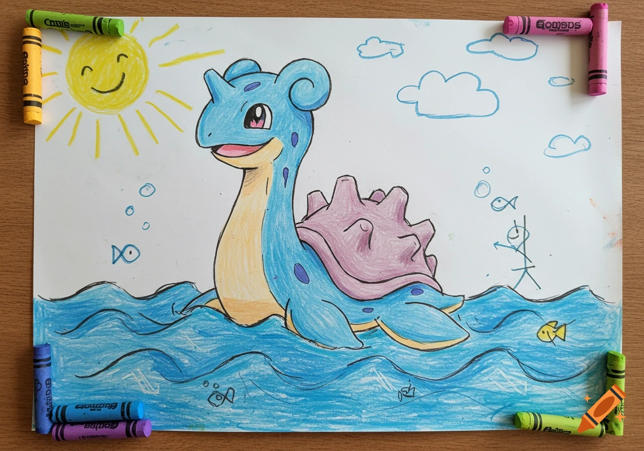 A colorful crayon drawing of Lapras swimming in blue waves under a ...