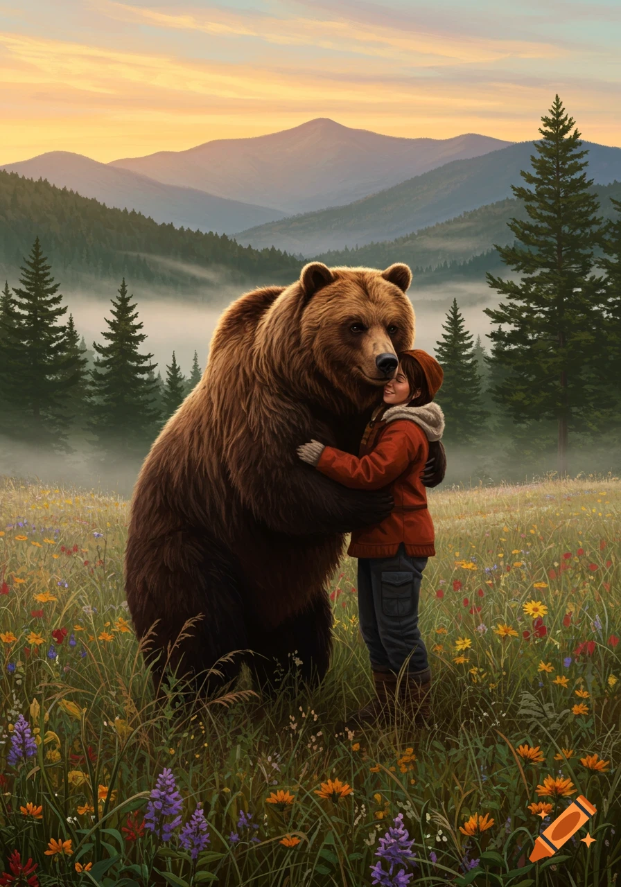 A person in a red jacket hugs a large brown bear in a field of ...