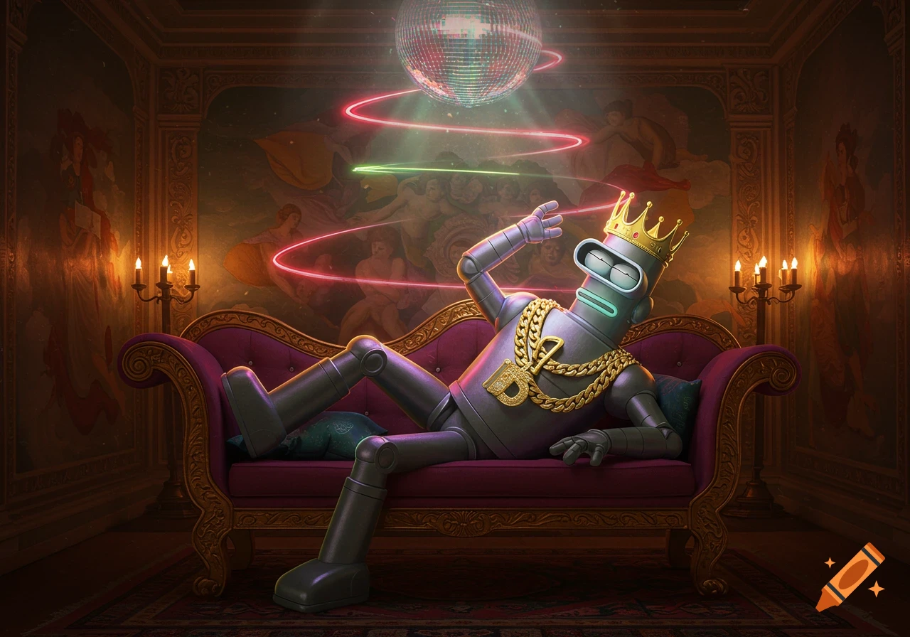 Bender the robot, wearing a crown and gold chain, lounges on an ornate ...