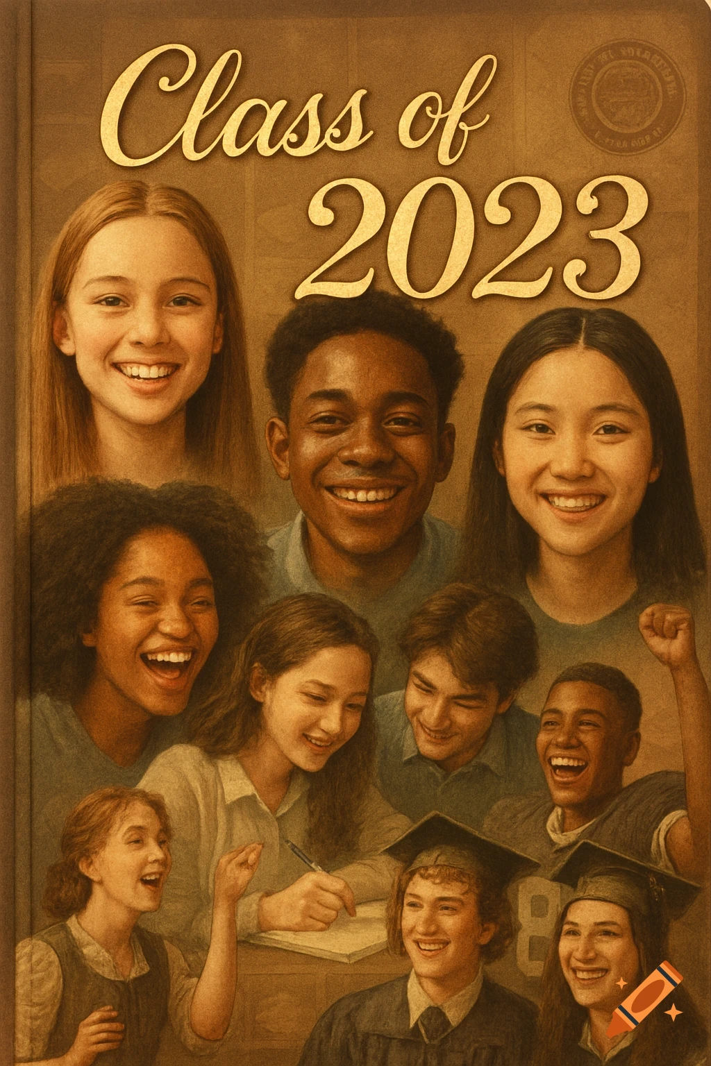 A sepia-toned illustrated school yearbook cover featuring laughing ...