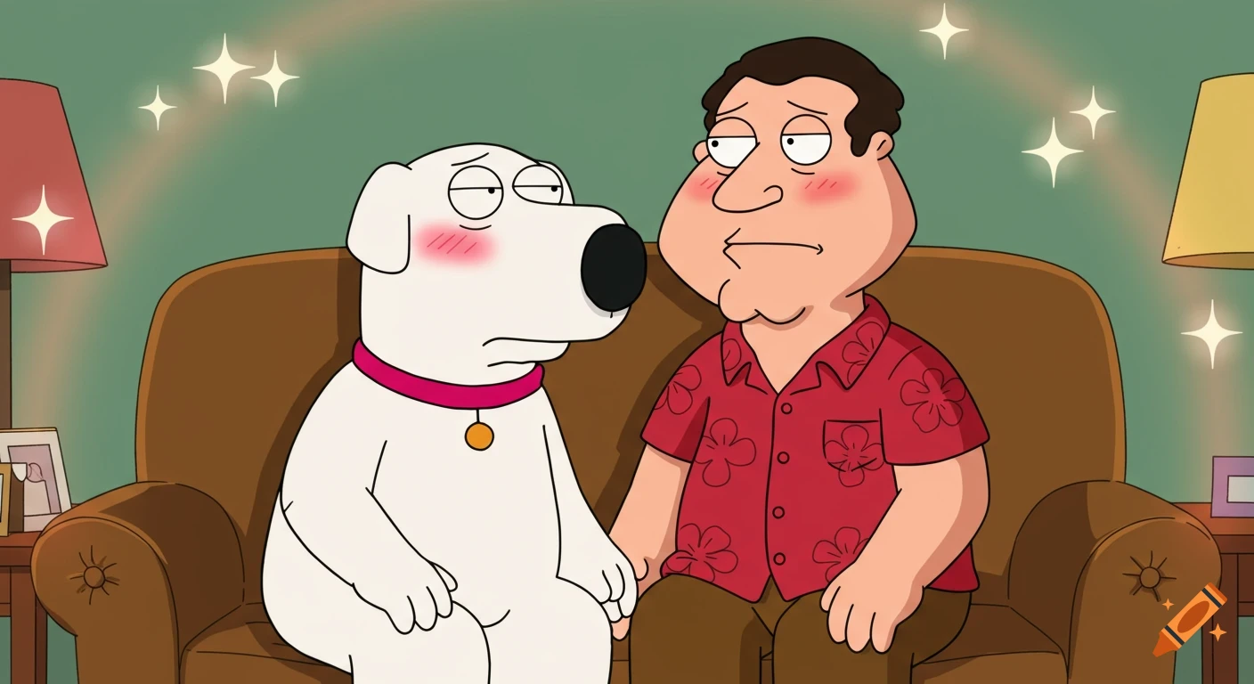 Brian Griffin and Glenn Quagmire from Family Guy sit close on a couch ...