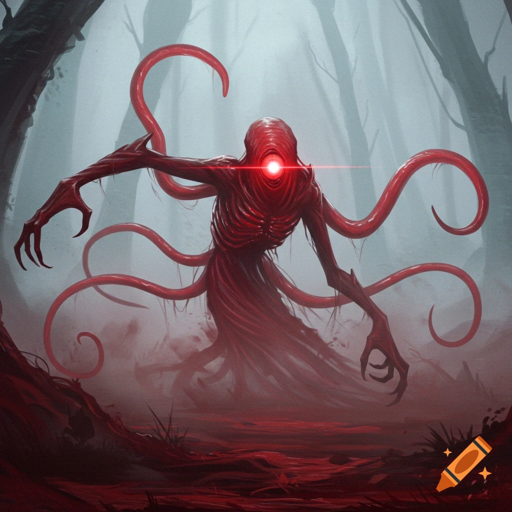A red, tentacled monster with a single glowing eye stands in a misty, dark forest, shrouded in ...