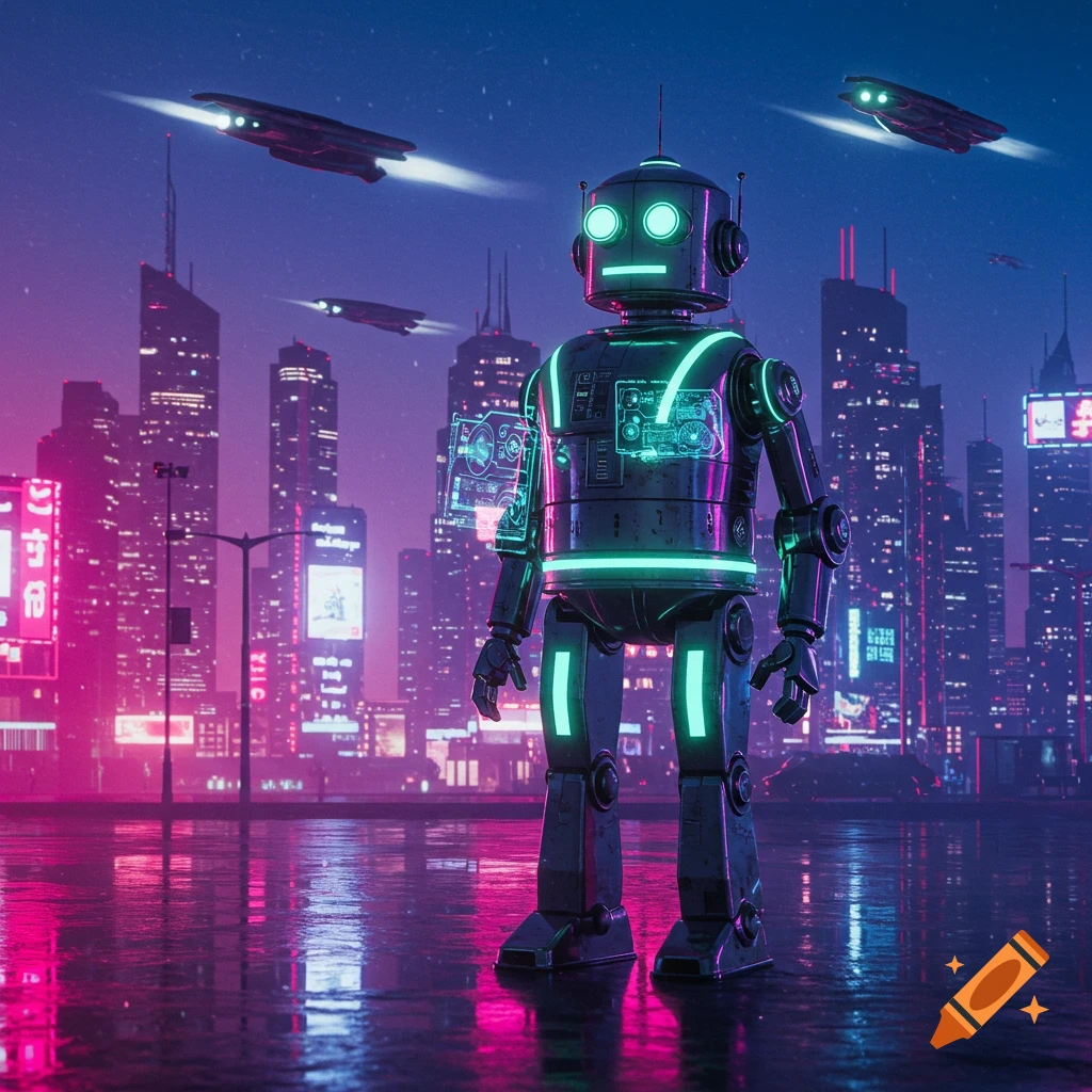 Photorealistic silver humanoid robot stands in a futuristic city at ...