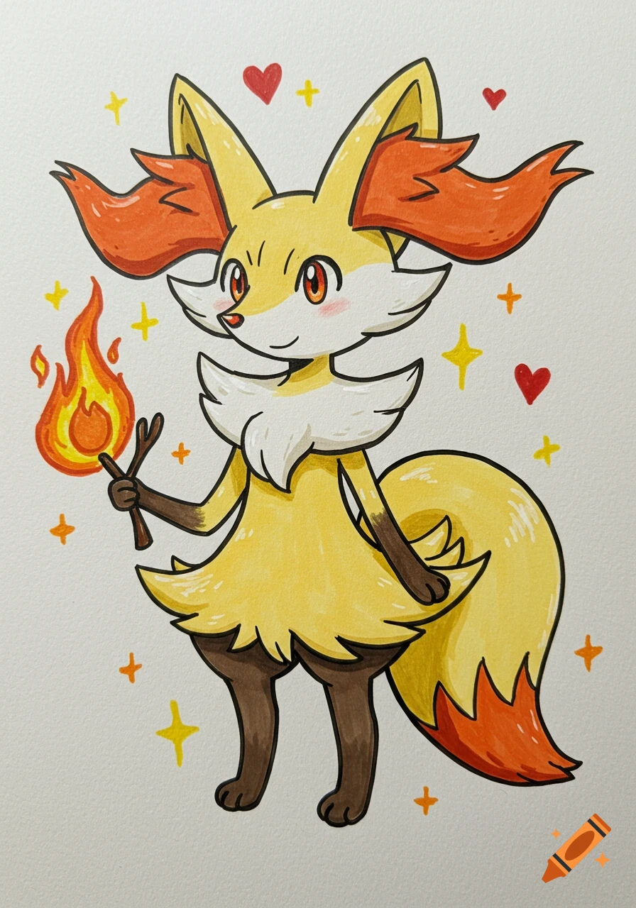 A cute, yellow and orange fox-like Pokémon (Braixen) holding a burning ...