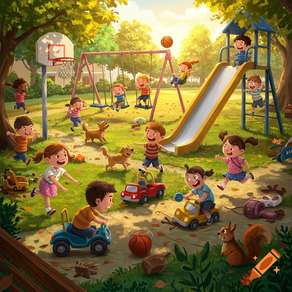 Vibrant cartoon illustration of many children playing on a sunny school ...