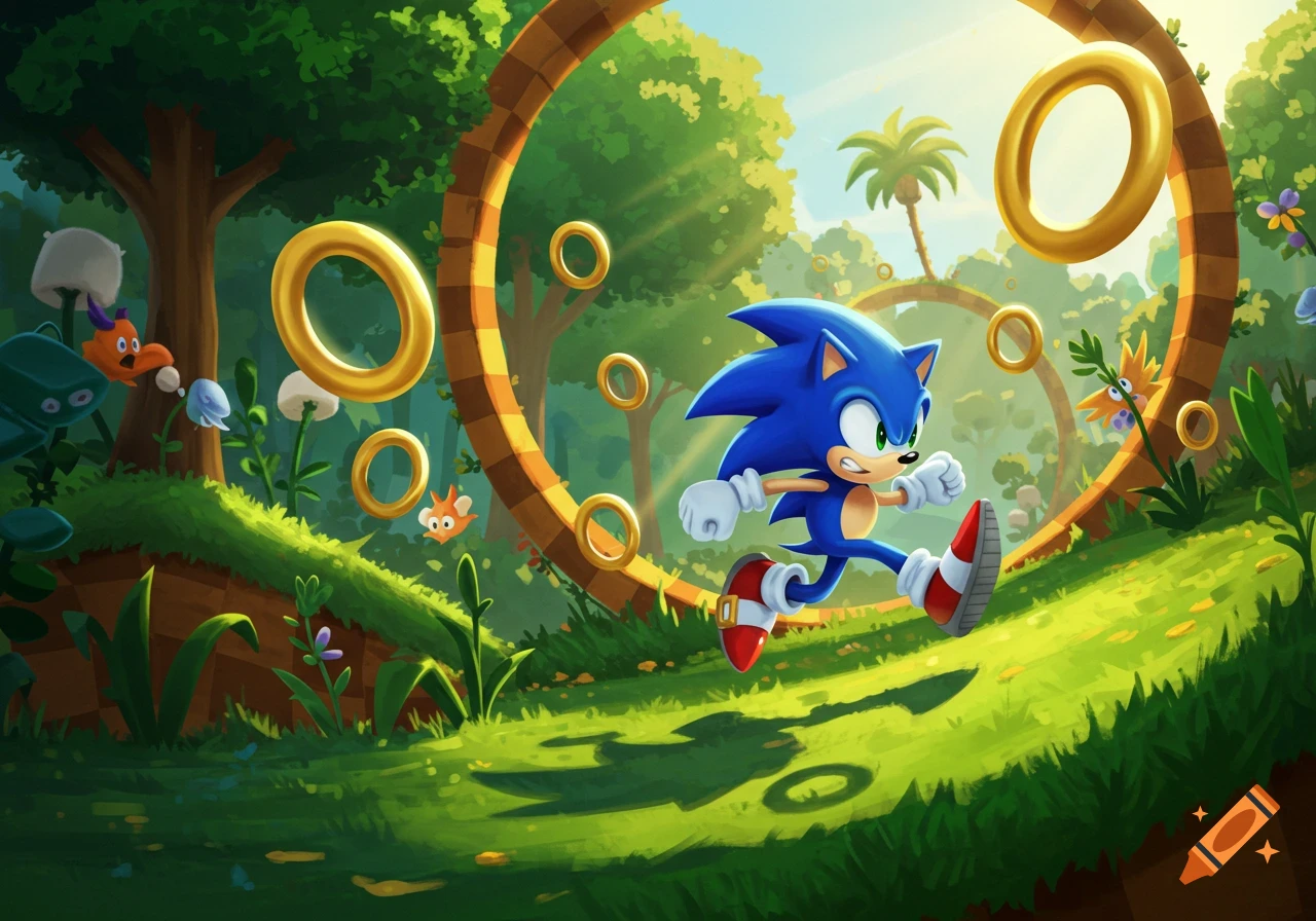 Sonic the Hedgehog runs through a vibrant, sunny green forest filled ...