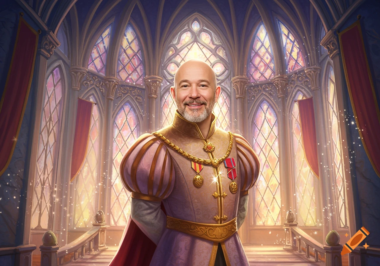 A smiling bald man with a beard wears a pink and gold royal gown with ...