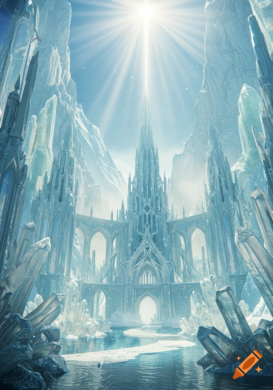 A majestic crystal castle with soaring spires and gothic architecture ...