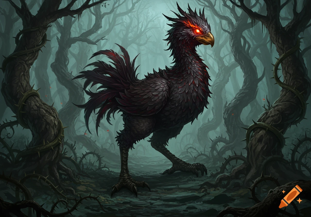 A dark, evil-looking bird with glowing red eyes and black feathers with ...