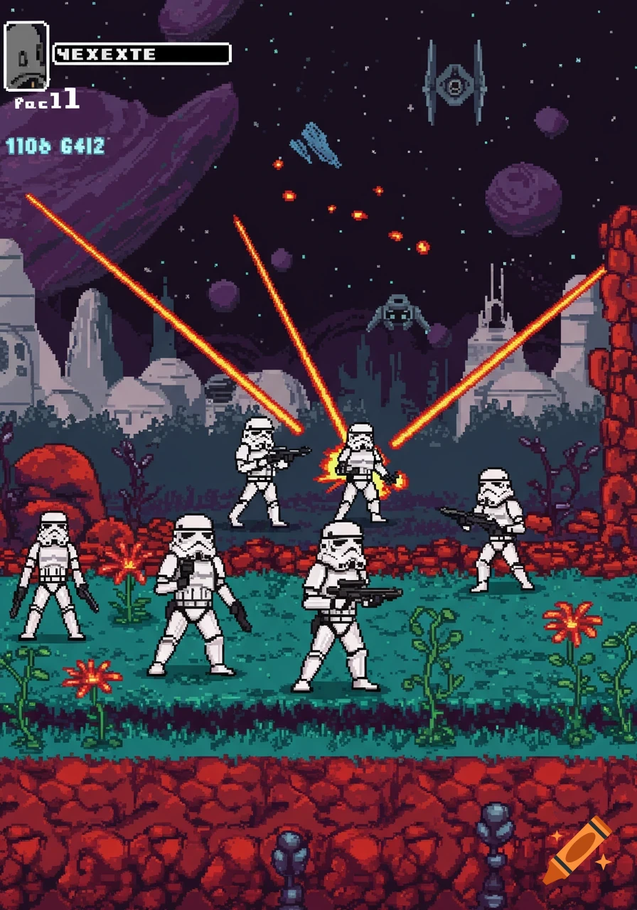Pixel art Stormtroopers battle on an alien planet with laser blasts and ...