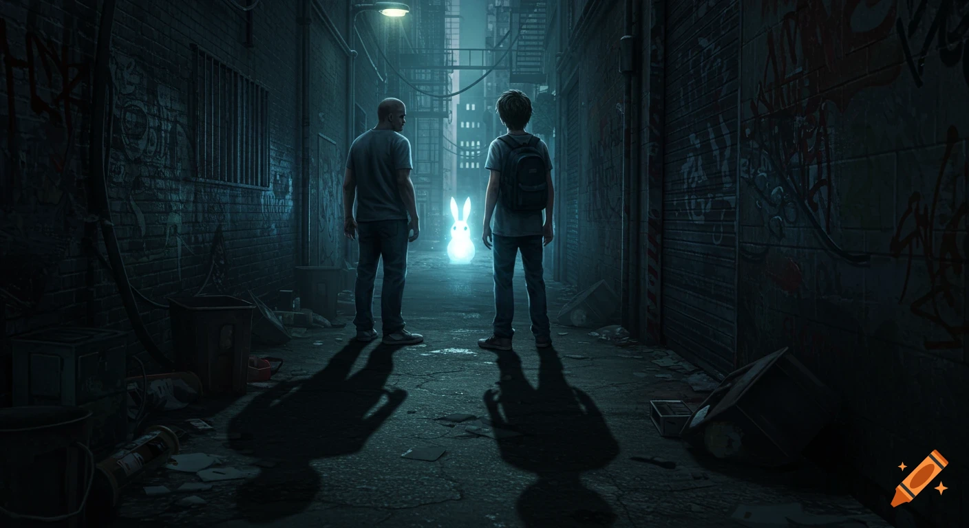 Five cloaked figures stand in a dark, foggy alley under a streetlamp ...