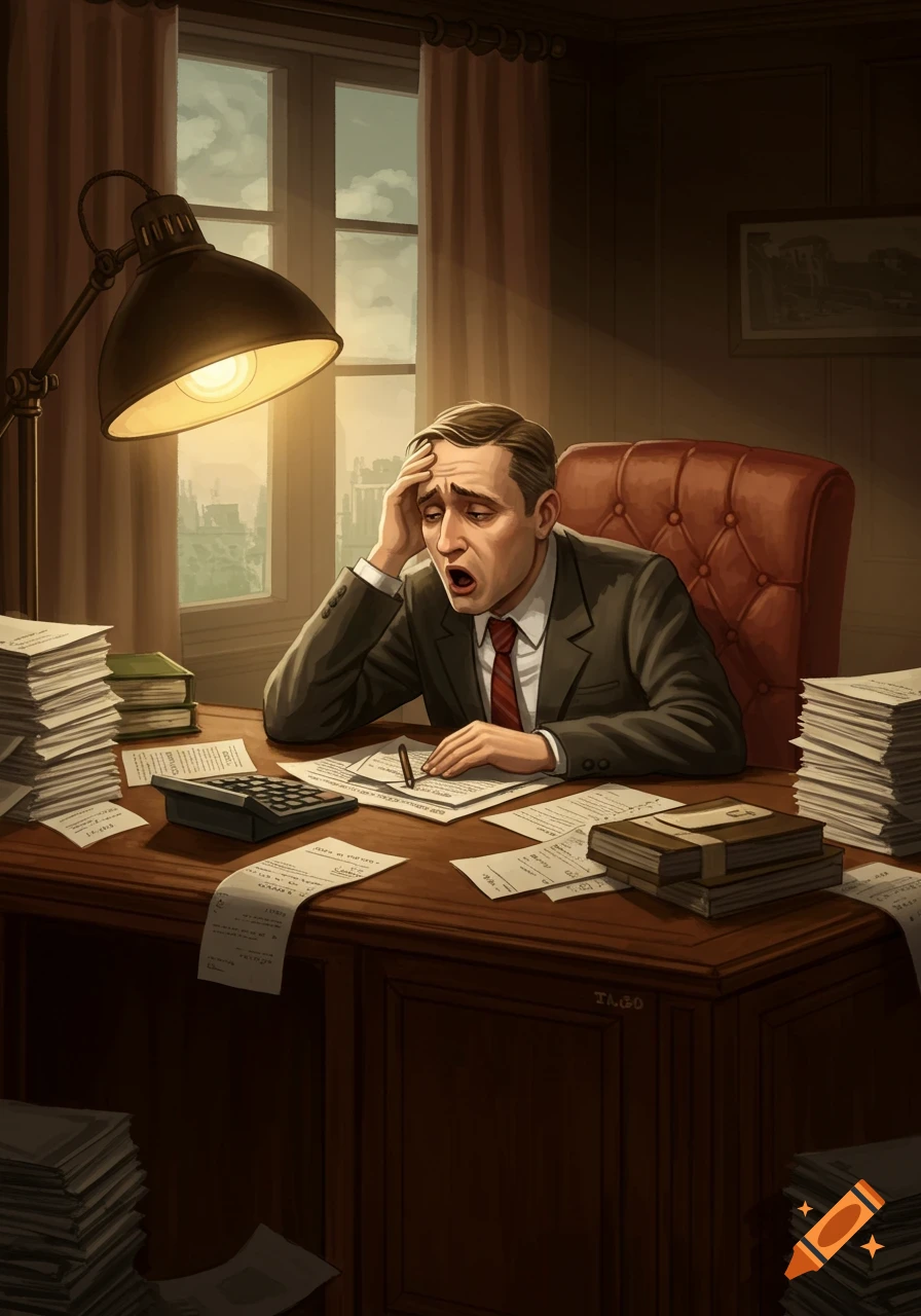 A stylized figure of a man in a dark suit, hands clasped, against a red ...