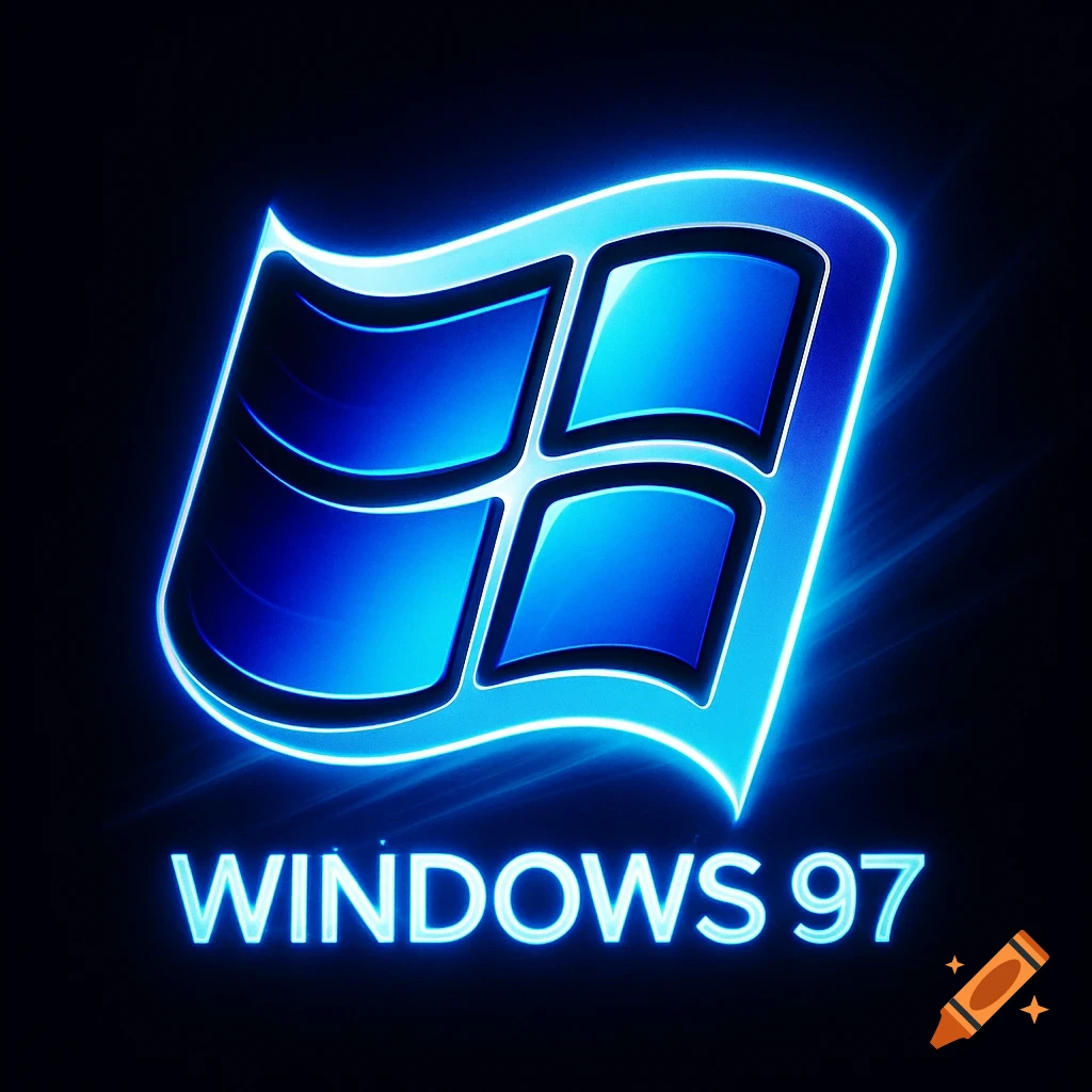 A glowing, stylized blue Windows 97 logo with four panes on a dark background, featuring the ...