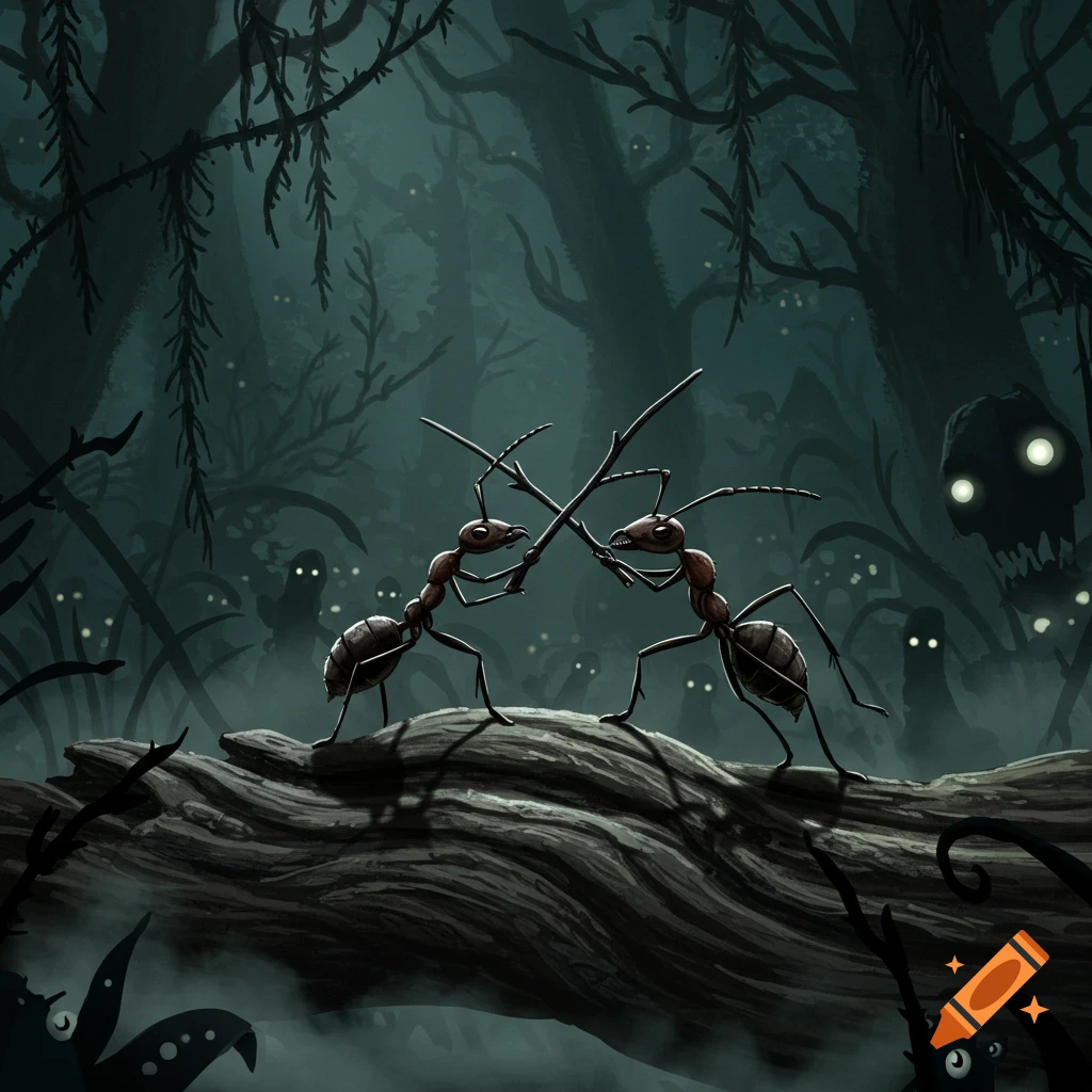 A giant spider looms over a hooded traveler by a campfire in a moonlit ...