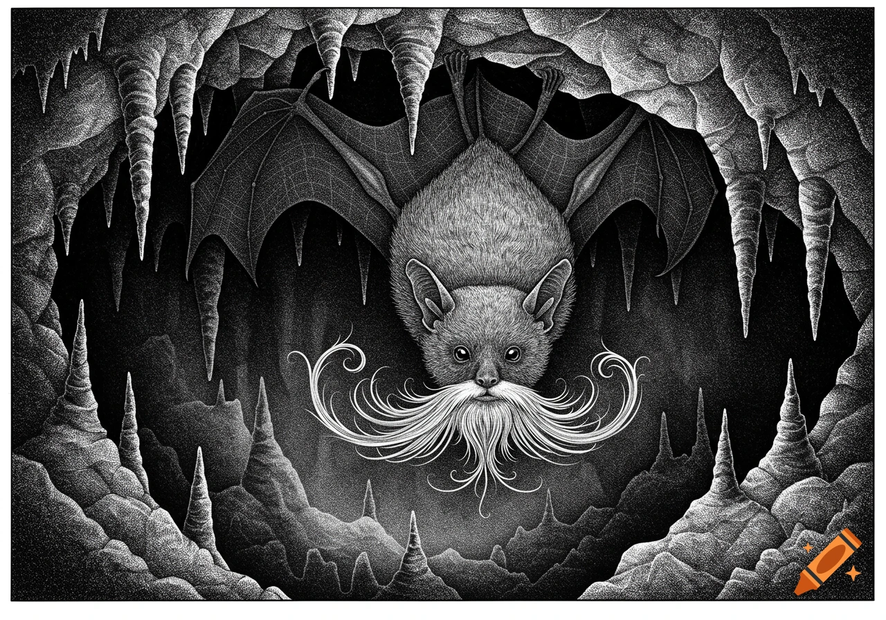 Black and white stipple drawing of a fluffy bat with a long, curly ...