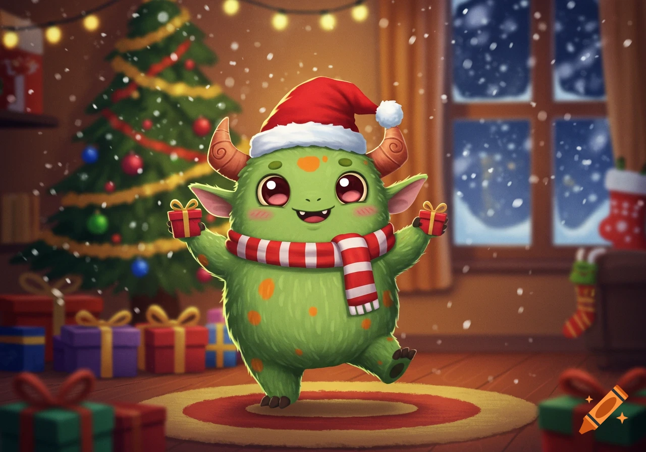 A cartoon monkey in heart underwear celebrates Christmas in a festive ...