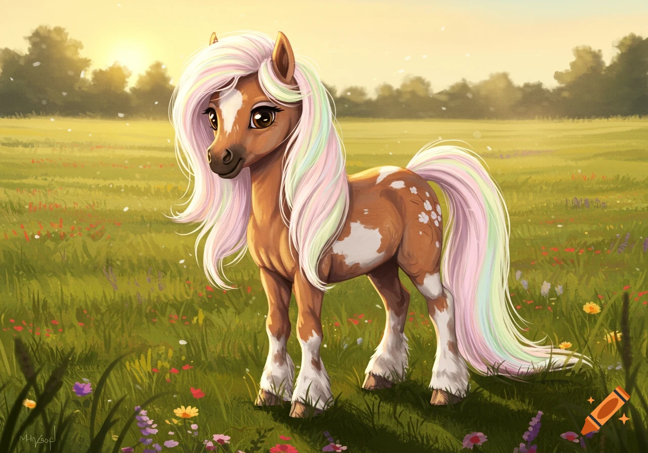 A pink horse-like creature with long, flowing blue mane and tail ...