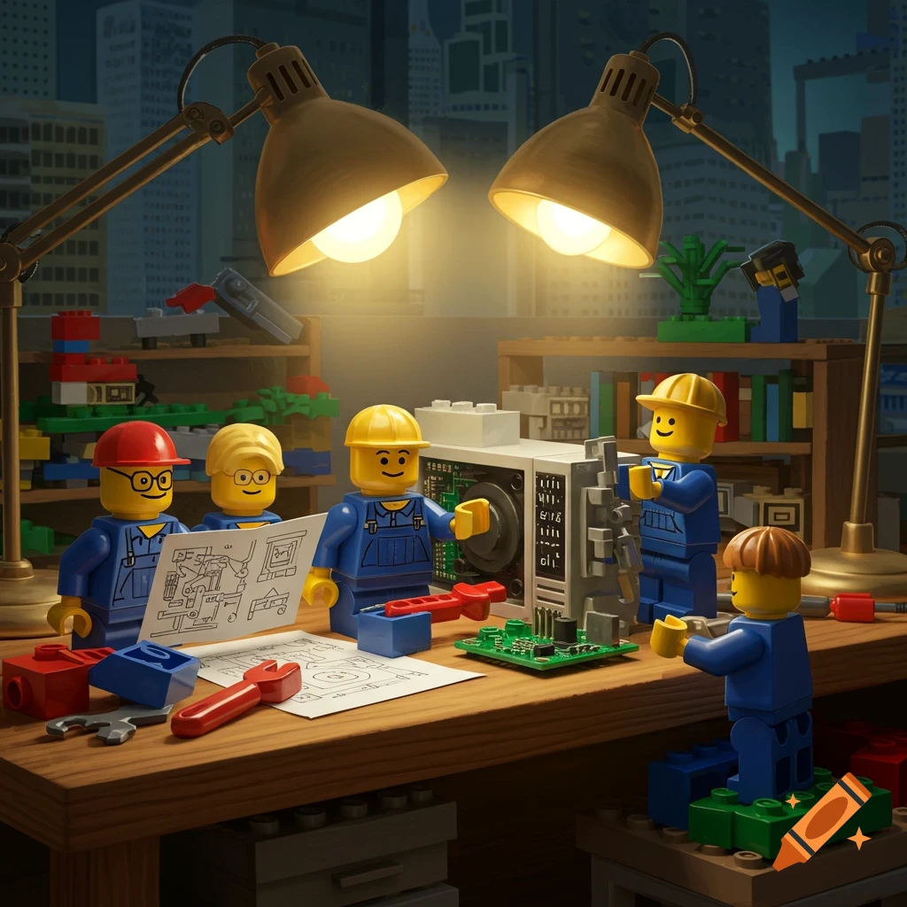 A tan three-story Lego modular building with green trees on the roof ...