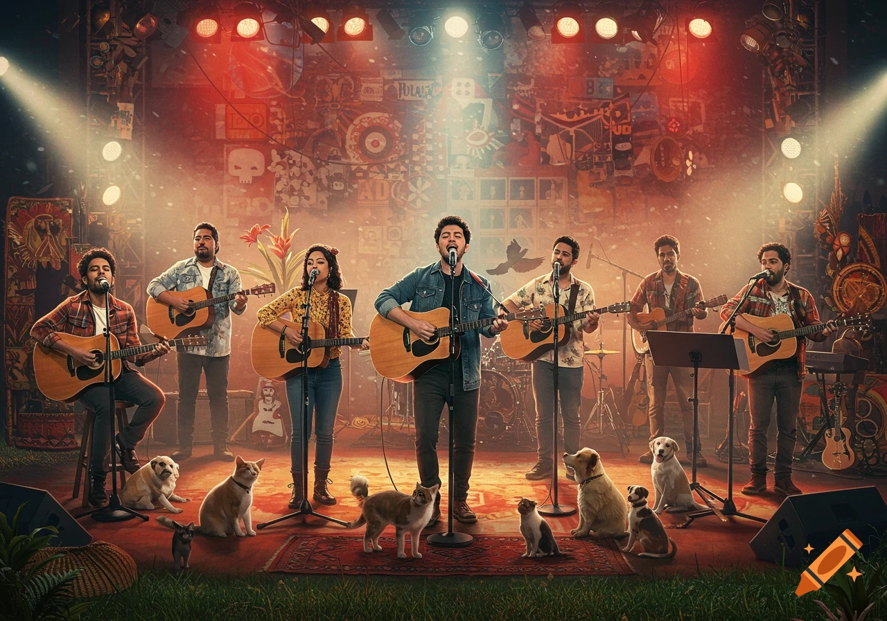 A diverse band of musicians, playing acoustic guitars, performs on a ...