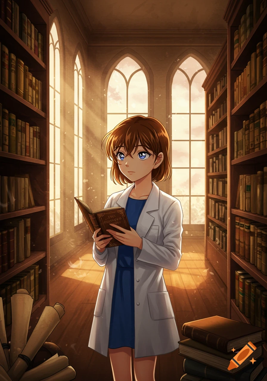 Anime-style young woman in a lab coat reading a book in a sunlit ...