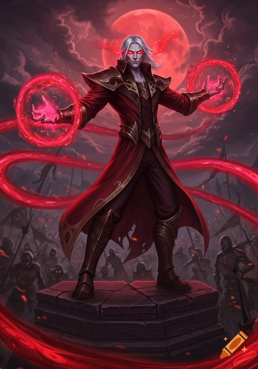 A pale man in a red coat with glowing red eyes and white hair ...